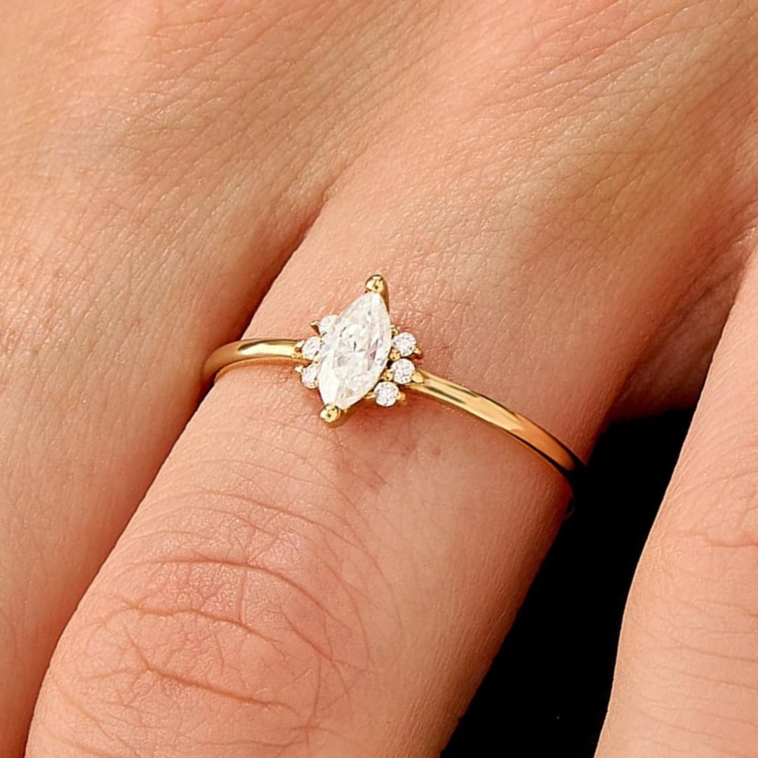 14k Gold Tiny Engagement Ring, Solid Gold Marquise Moissanite Ring, Dainty Moissanite Solitaire ...