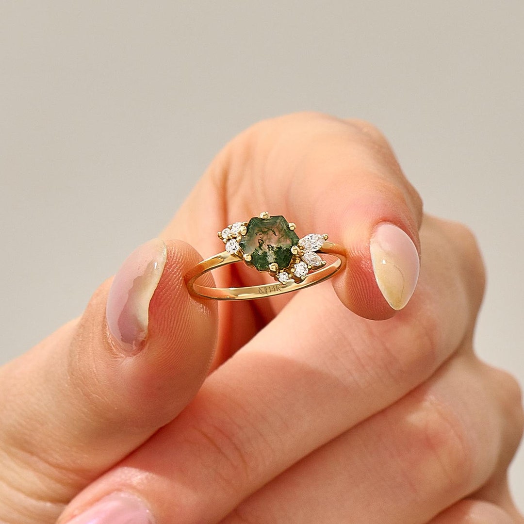 14k Gold Moss Agate Ring Engagement Ring Women Solid Gold Hexagon Ring ...