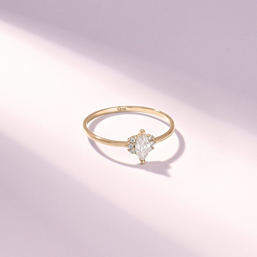14k Gold Tiny Engagement Ring, Solid Gold Marquise Moissanite Ring, Dainty Moissanite Solitaire ...