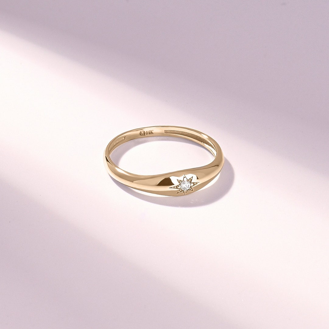 14k Gold Moissanite Pinky Ring, Womens Tiny Northstar Ring, Solid Gold Star Ring, Slim Signet ...