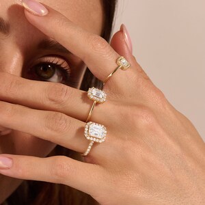 Unique Halo Rectangle Engagement Ring 14k Solid Gold Vintage ...