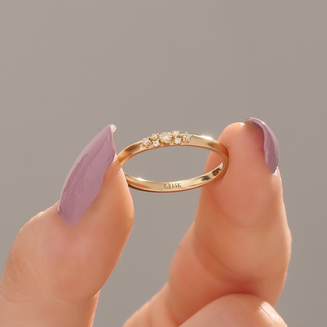 Cluster Solo Wedding Band, 14k Solid Gold Tiny Moissanite Slim Ring, Simple Pave Promise Ring ...