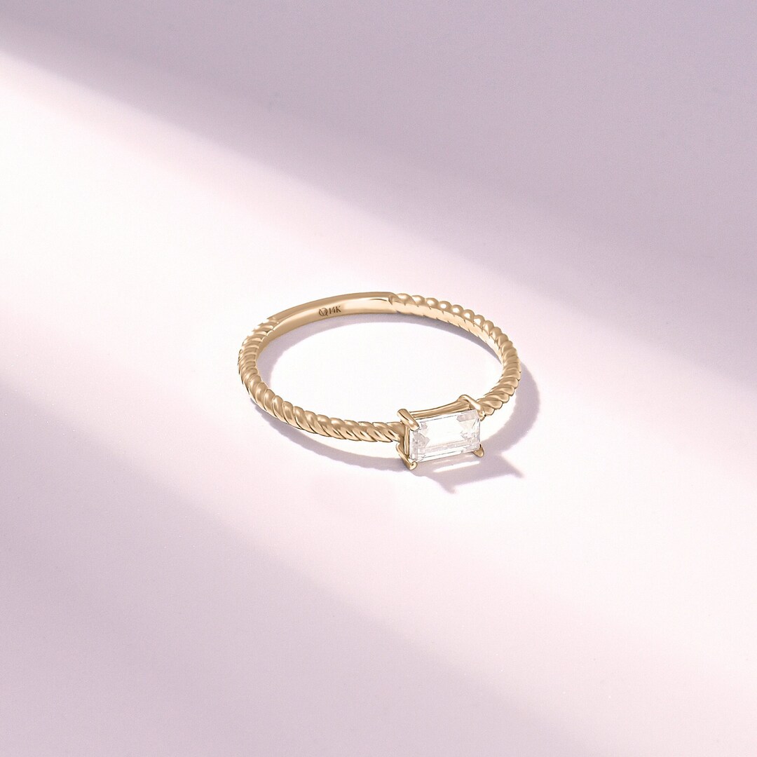 14K Sideways Baguette Engagement Ring, Solid Gold Moissanite Solitaire ...