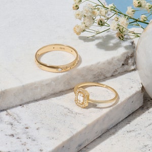 Unique Halo Rectangle Engagement Ring, 14k Solid Gold Vintage ...