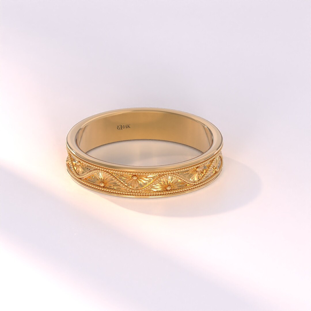 Solid Gold Wedding Band Men Women, 14k Vintage Design Ring for Couples ...