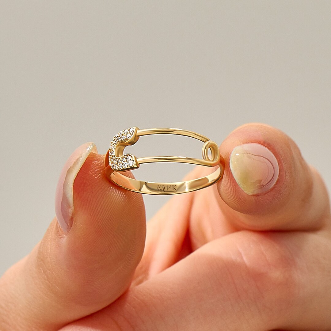 Solid Gold Safety Pin Ring, 14k Gold Unique Statement Ring, Friendship ...