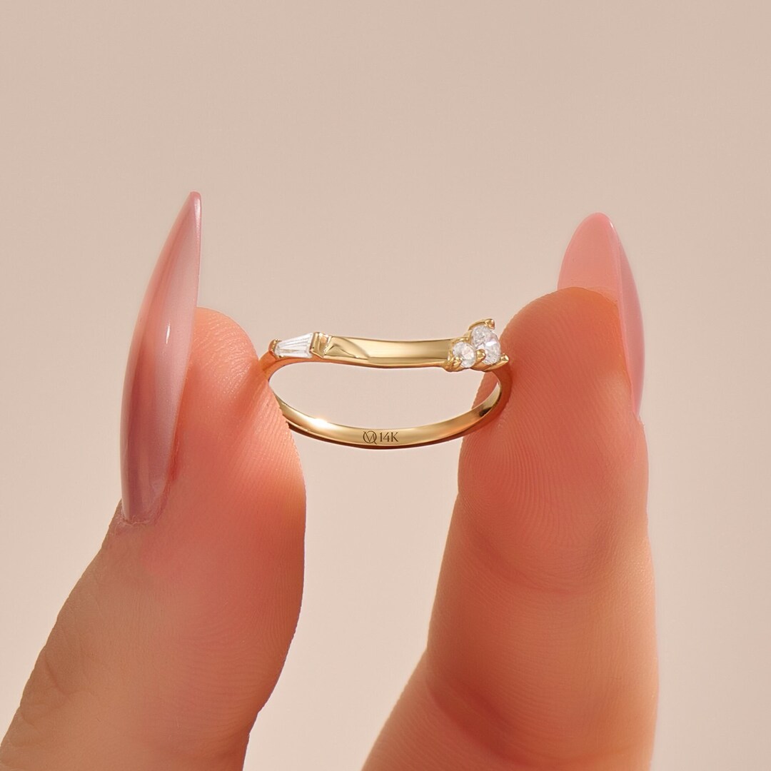 Solid Gold Curved Wedding Band, Moissanite Contour Ring, Dainty Ring Enhancer, Nesting Ring for ...