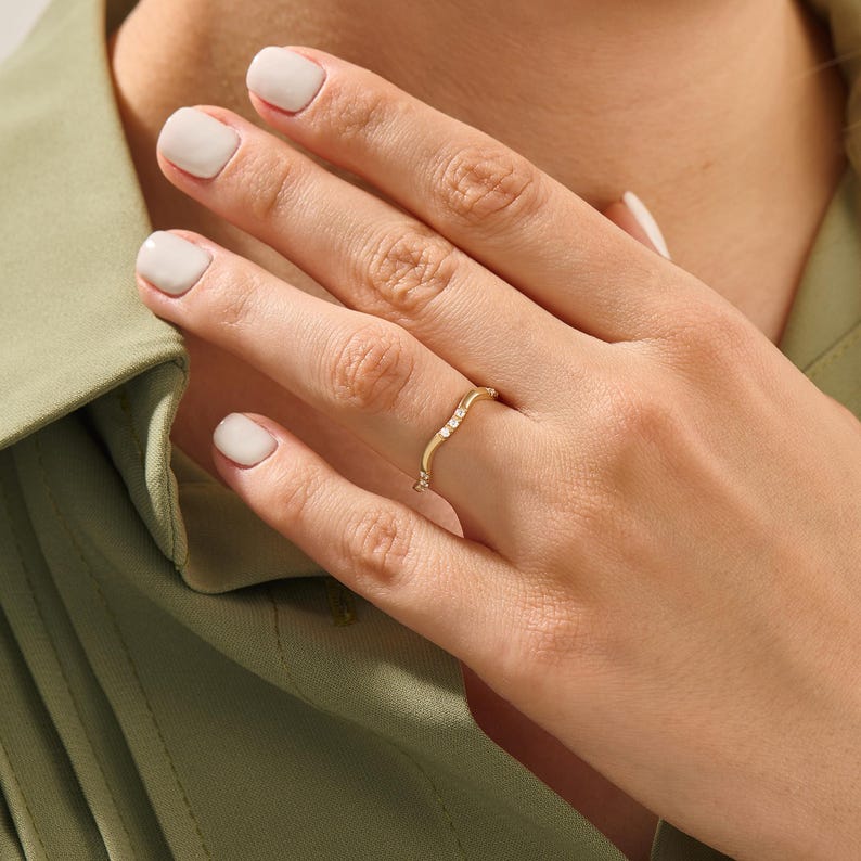 Wavy Stacking Wedding Band for Women, 14K Solid Gold Pave Moissanite ...