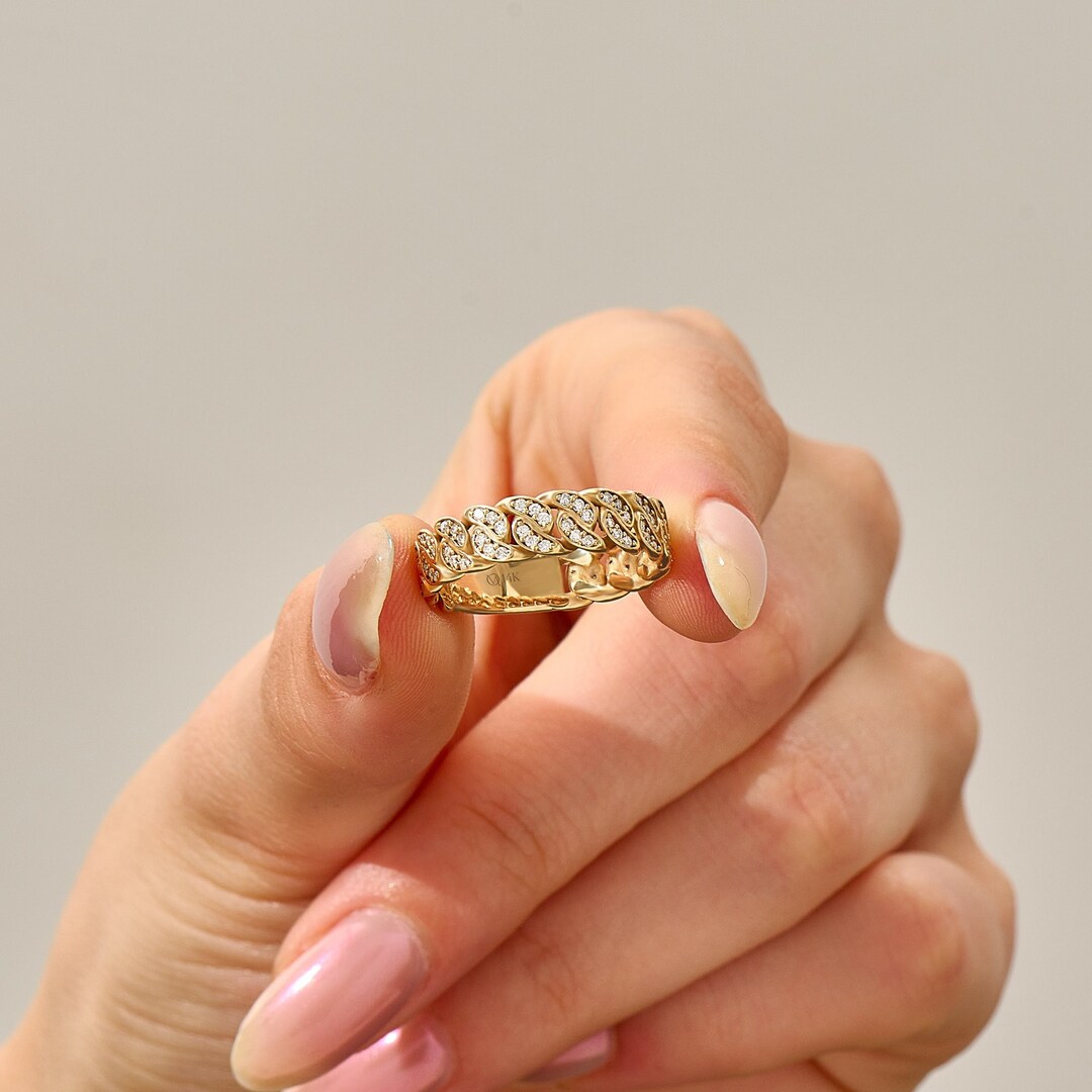 14k Gold Chain Wedding Band, Solid Gold Cuban Link Ring, Pave ...