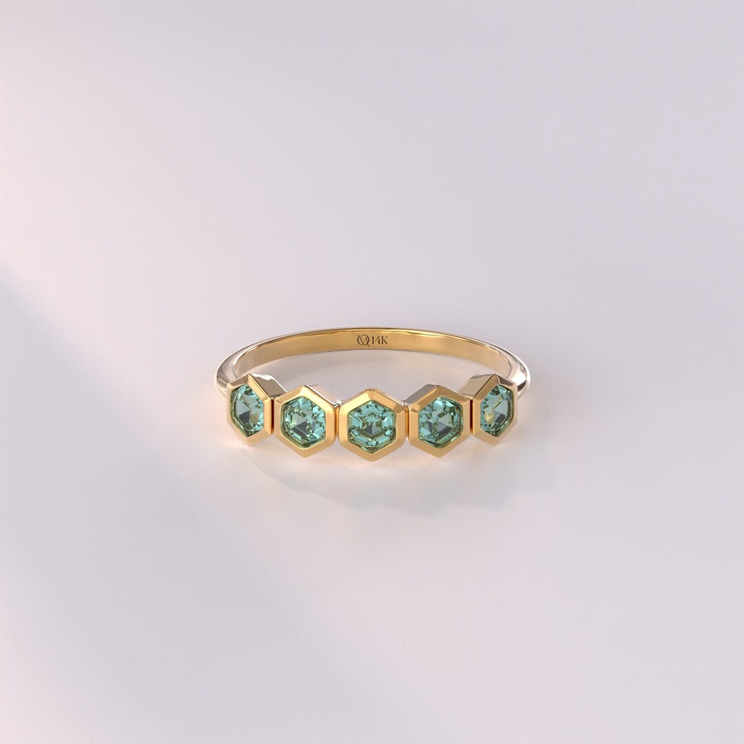 14k Hexagon Cut Wedding Ring, Solid Gold Teal Sapphire Ring, 5 Stone ...