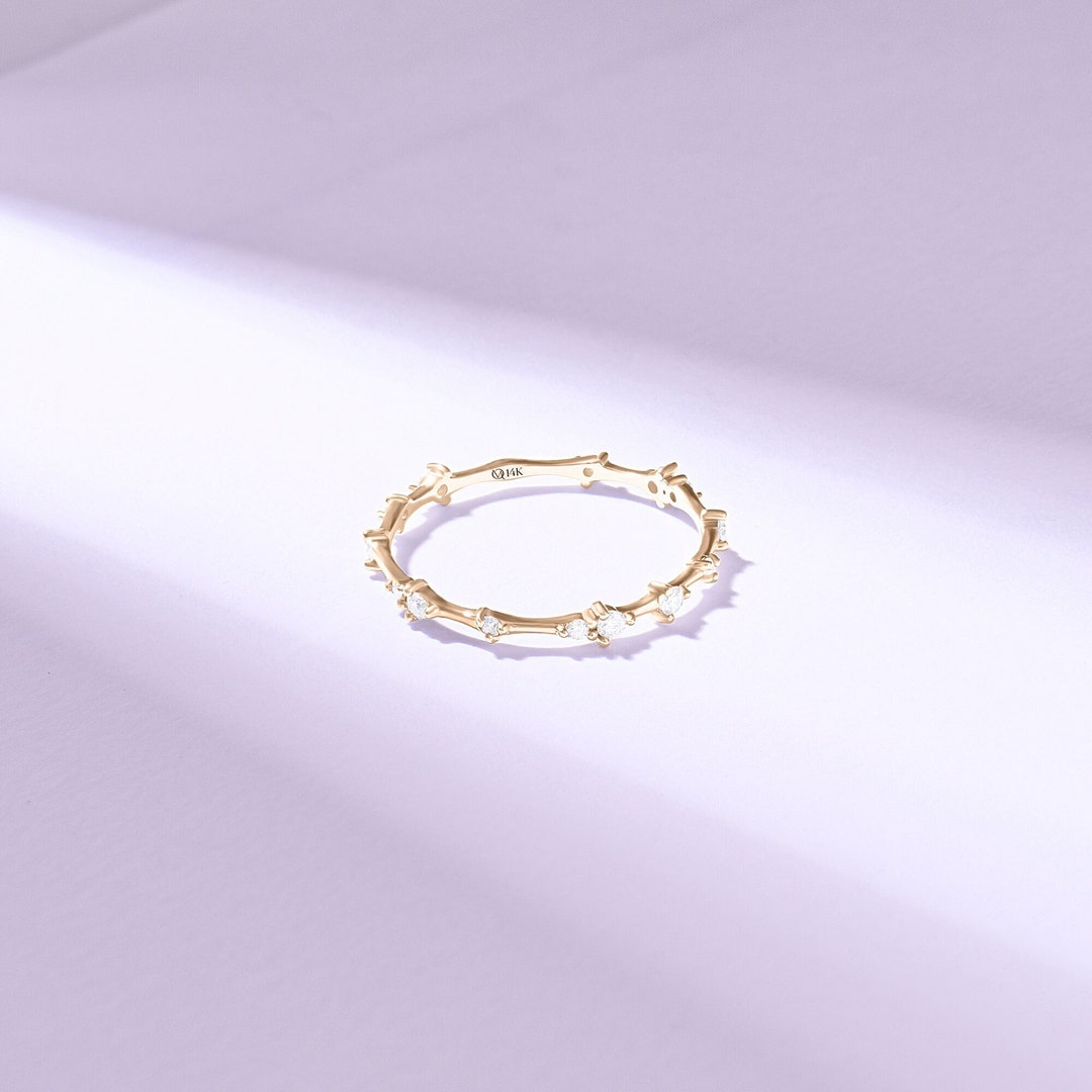 Irregular Moissanite Stacking Ring 14k Solid Gold Bamboo Wedding Ring ...
