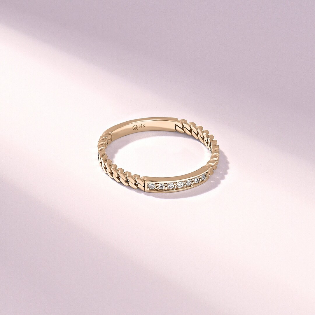 14k Gold Chain Wedding Ring, Solid Gold Pave Moissanite Ring for Women ...