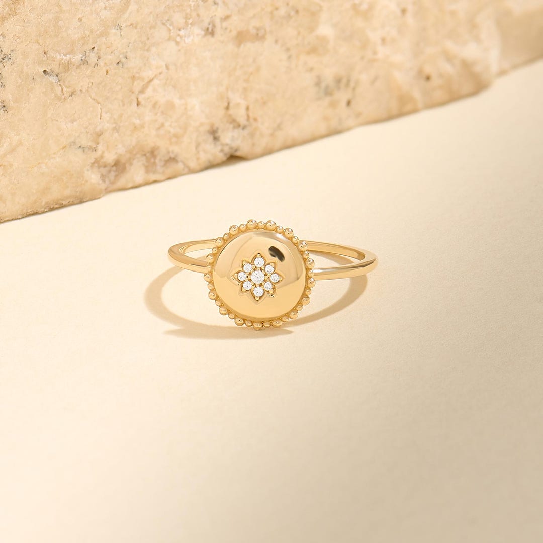 Solid Gold Pinky Ring, Womens Gold Ring, Pave Moissanite Sun Ring ...