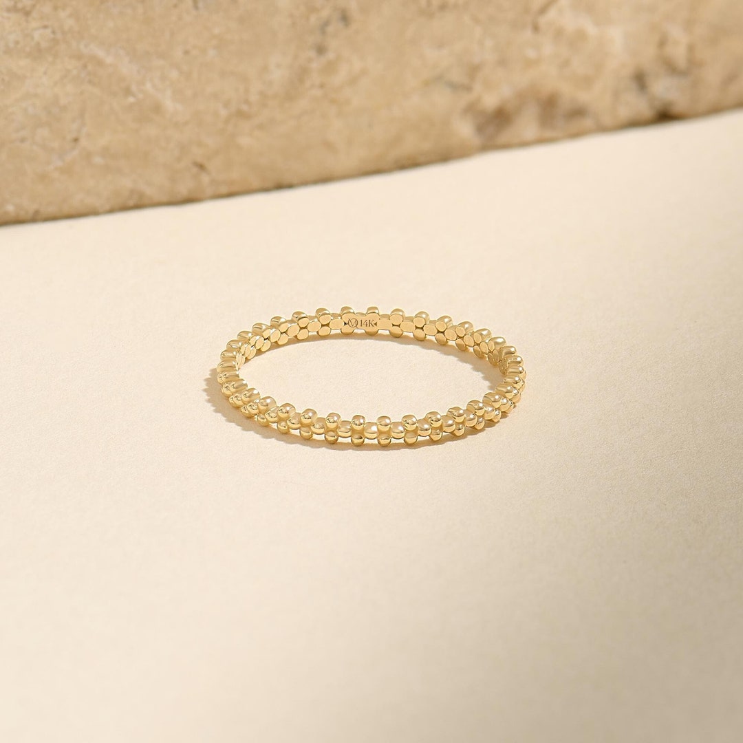 Gold Stacking Ring, Solid Gold Beaded Band, Minimalist Stackable Ring ...