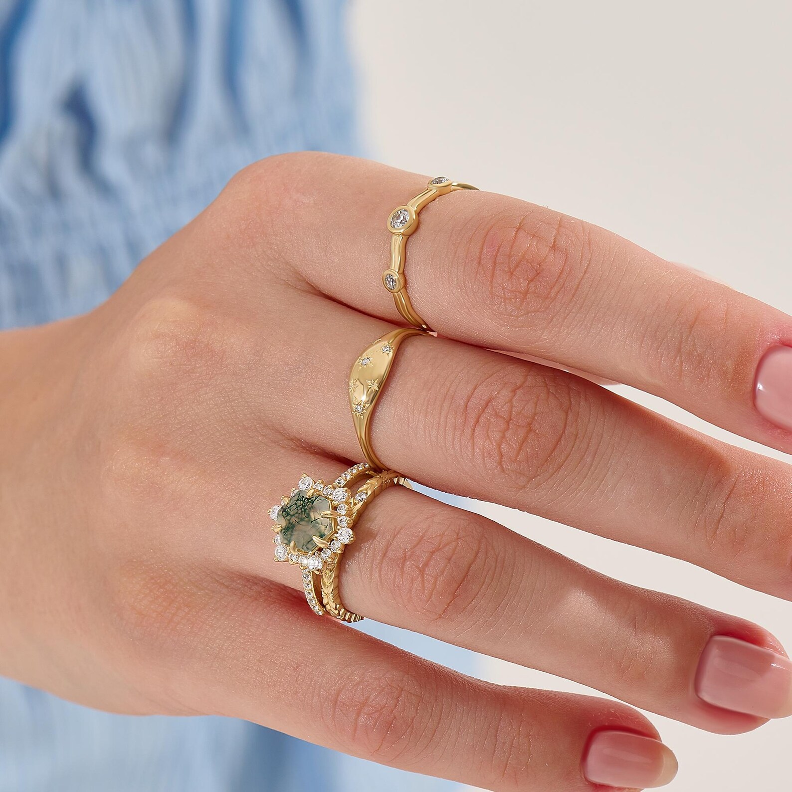 Solid Gold Starry Pinky Ring, Womens Tiny Star Statement Ring, Low Dome ...