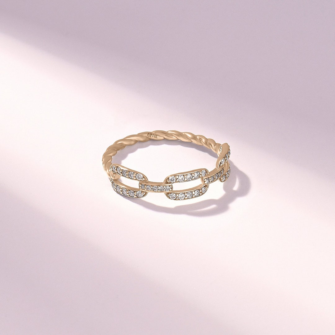 Twist Band Open Link Ring 14k Solid Gold Pave Chain Ring Womens Braided ...