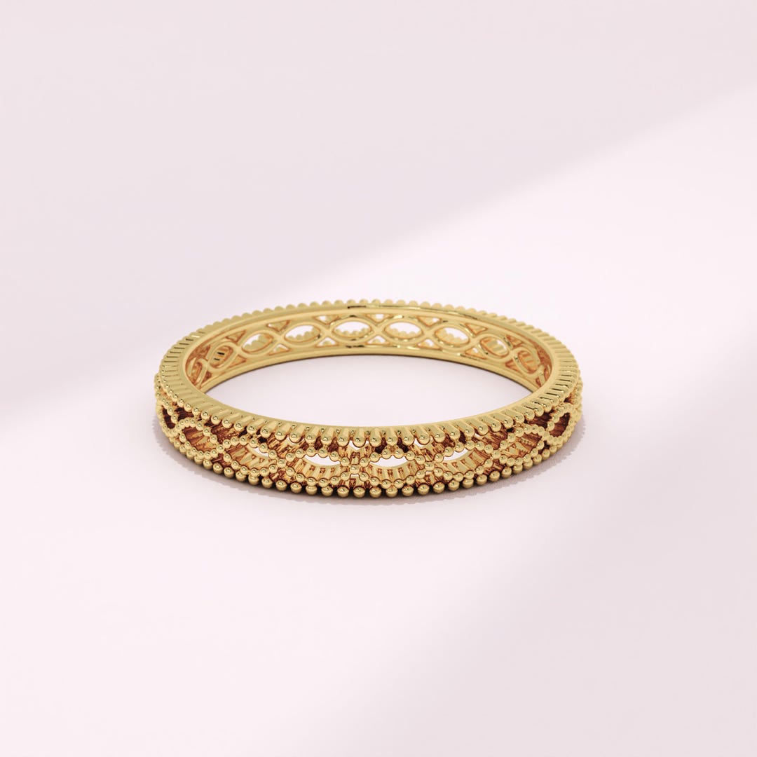 14K Solid Gold Milgrain Wedding Band – Vintage Filigree Stackable Ring ...