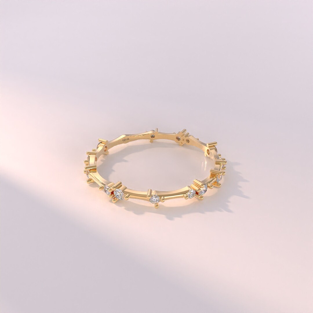 14K Irregular Moissanite Stacking Ring, Solid Gold Bamboo Wedding Ring ...