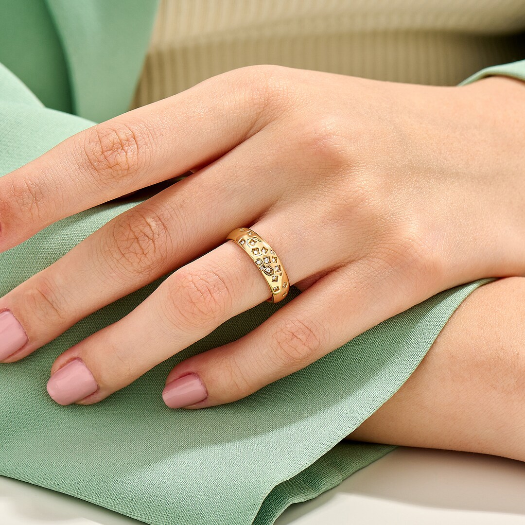 Solid Gold Dome Ring With Scattered Moissanite, 14k Chunky Rings for Women, Gypsy Statement Ring ...