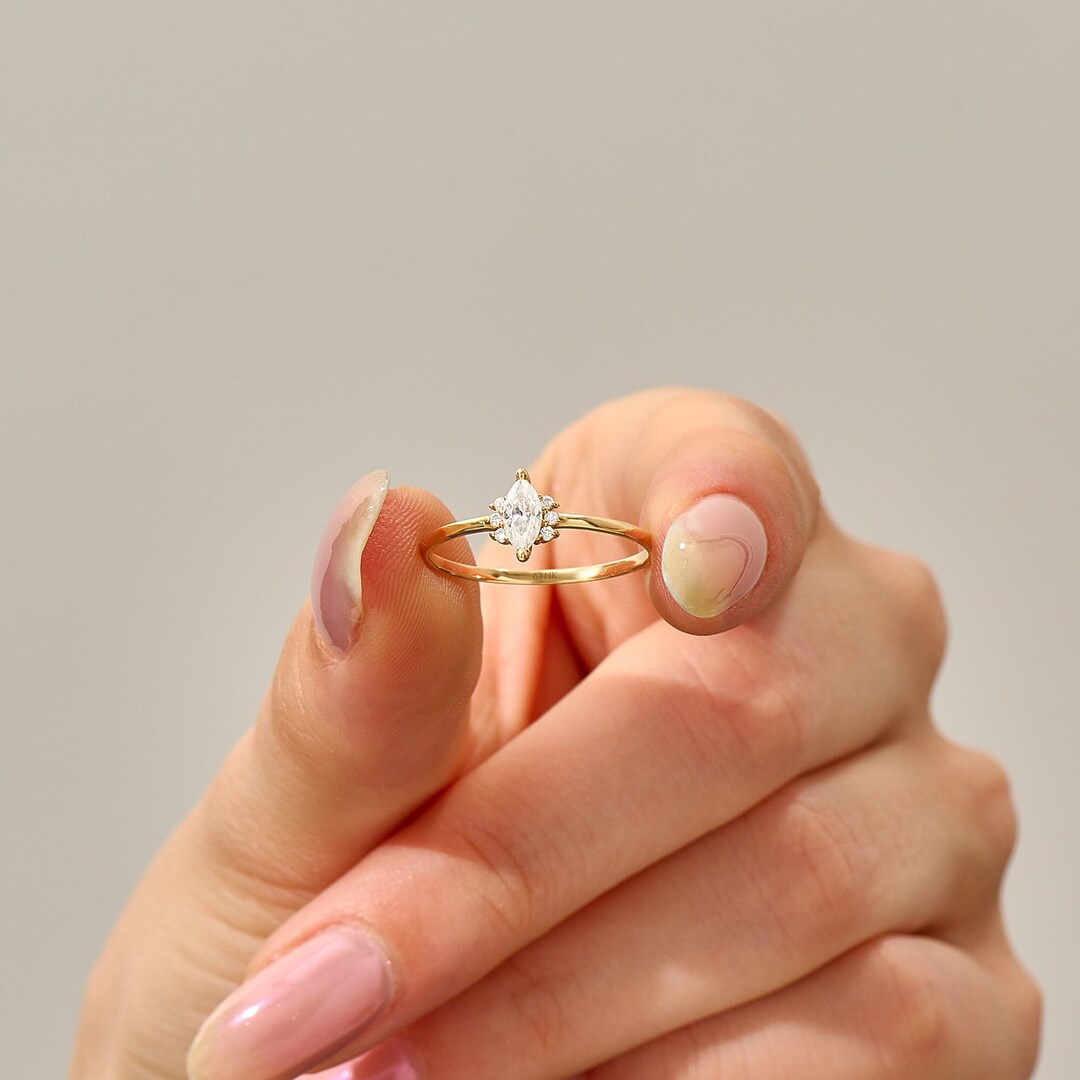 14k Gold Tiny Engagement Ring, Solid Gold Marquise Moissanite Ring, Dainty Moissanite Solitaire ...
