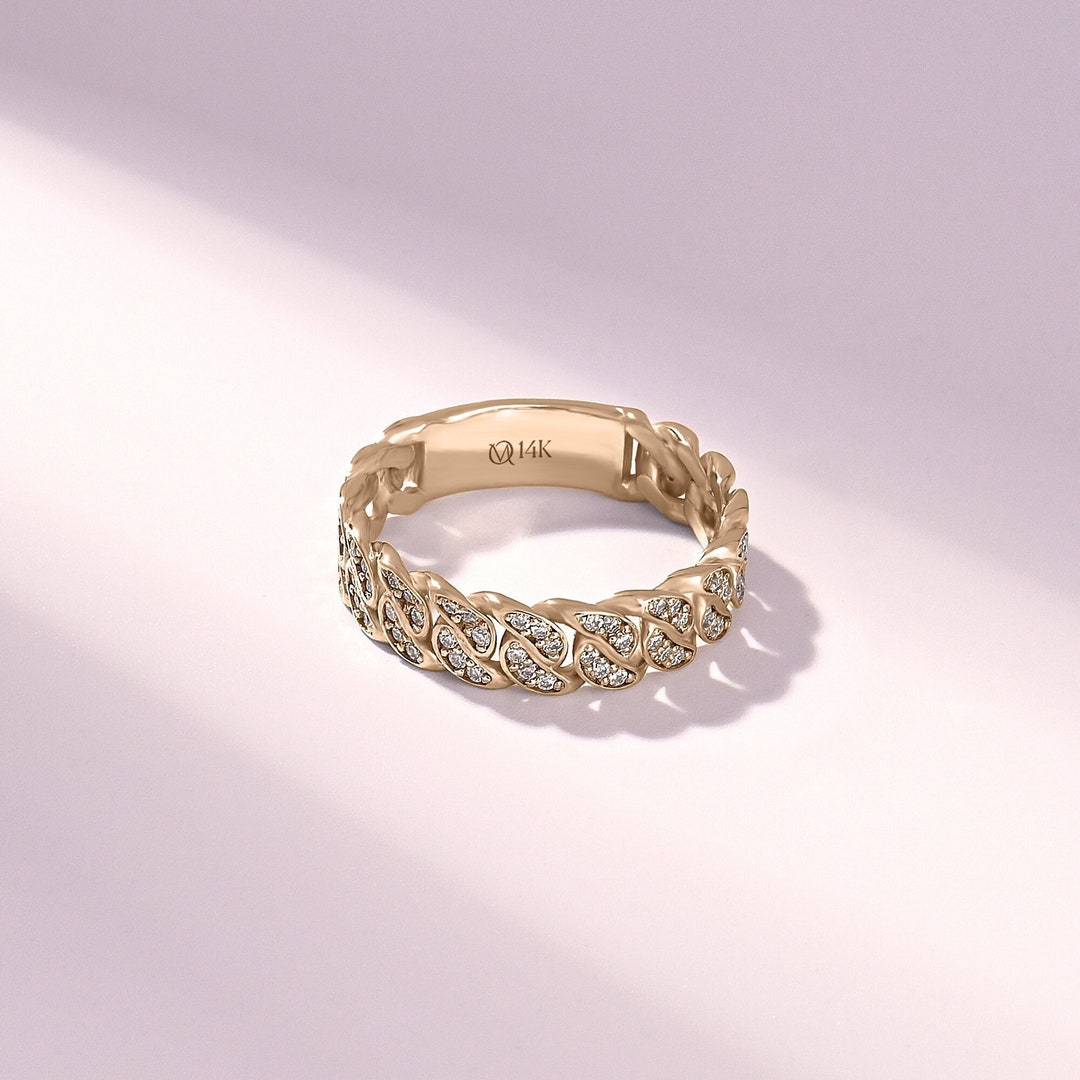 14k Gold Chain Wedding Band, Solid Gold Cuban Link Ring, Pave ...