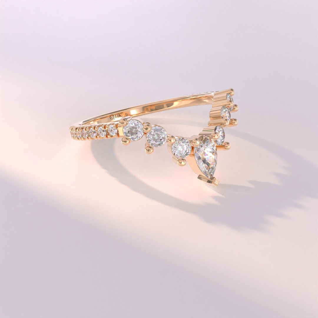 Pear Moissanite Chevron Ring Enhancer 14k Solid Gold Curved Stacking Ring Women Sparkling ...