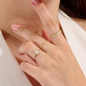 Unique Halo Rectangle Engagement Ring, 14k Solid Gold Vintage ...