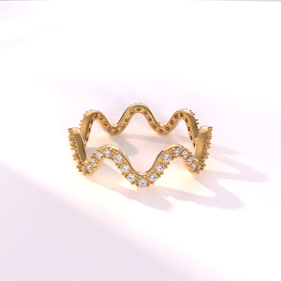 Solid Gold Zigzag Ring, 14k Pave Tiny Moissanite Stacking Ring, Ups and ...