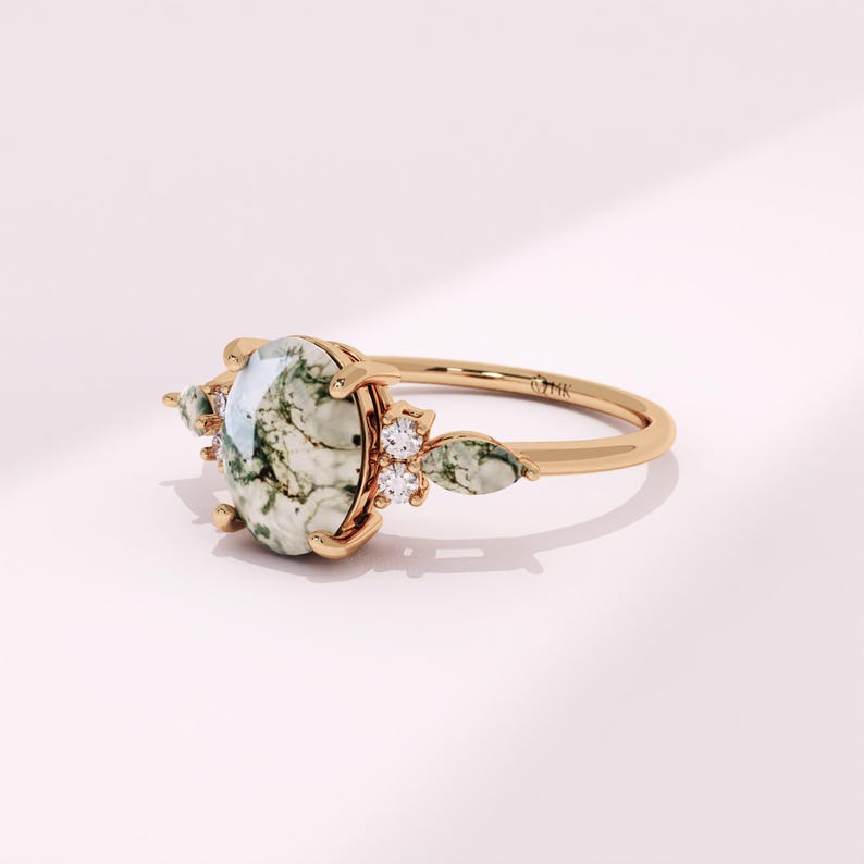 Moss Agate Engagement Ring in Solid Gold – Oval Green Gemstone Ring ...