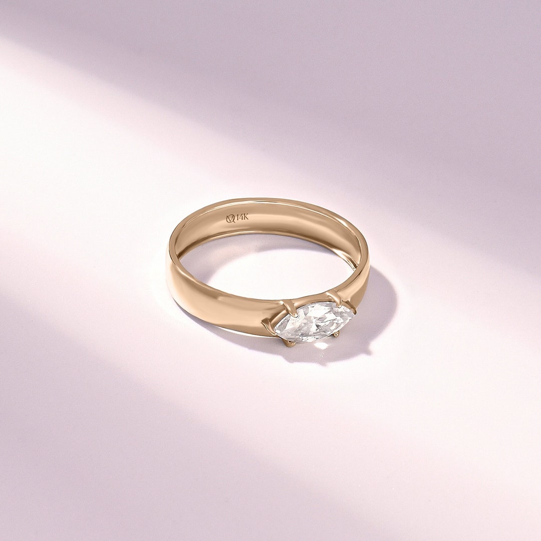 14k Gold Thick Band Engagement Ring, Solid Gold Moissanite Solitaire ...