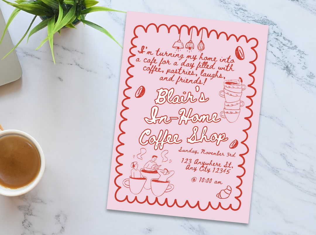 Home Cafe Party Invitation | Pink and Red | Customizable Coffee Brunch ...