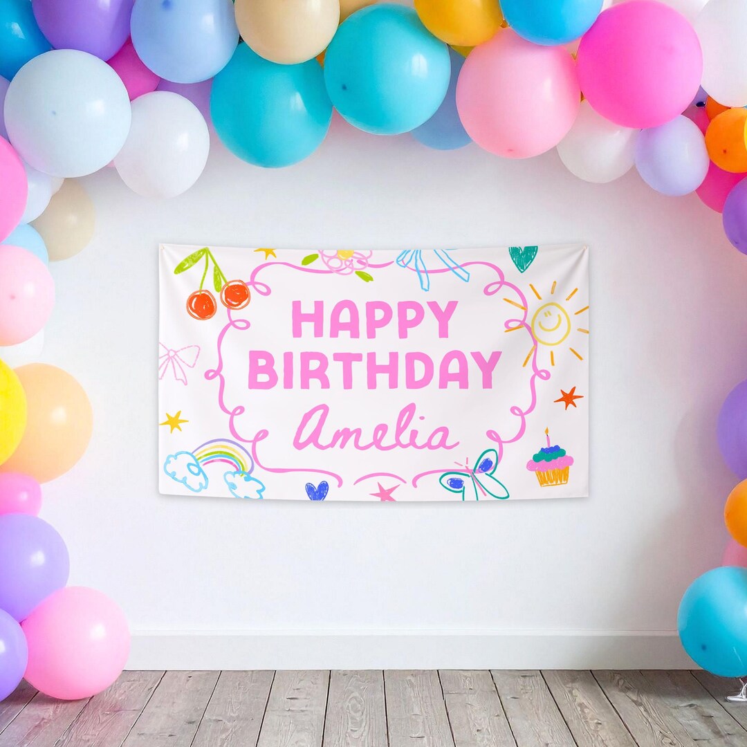 Colorful Girl Birthday Banner | Crayon Doodles Banner | Digital ...