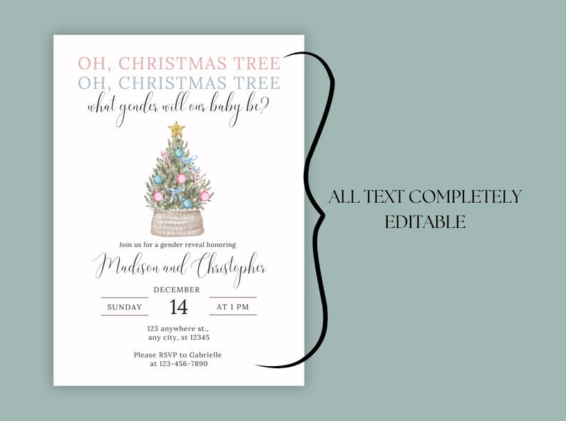 Christmas Tree Gender Reveal Invitation, Holiday Baby Shower (digital ...