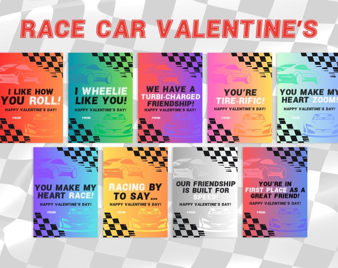 Printable RACE CAR / MOTORBIKE Valentine's Day Cards . Kids Racing ...