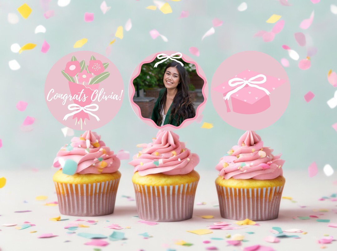 Pink Grad Cupcake Toppers, Pink Class of 2025 Graduation Party Decor ...