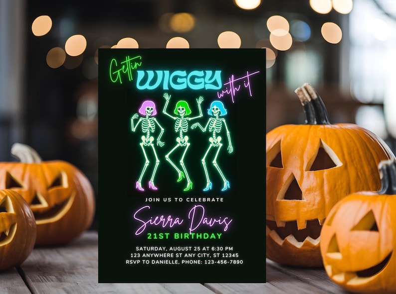 Neon Skeleton Wig Party Invitation: Disco Birthday, Bachelorette (canva ...