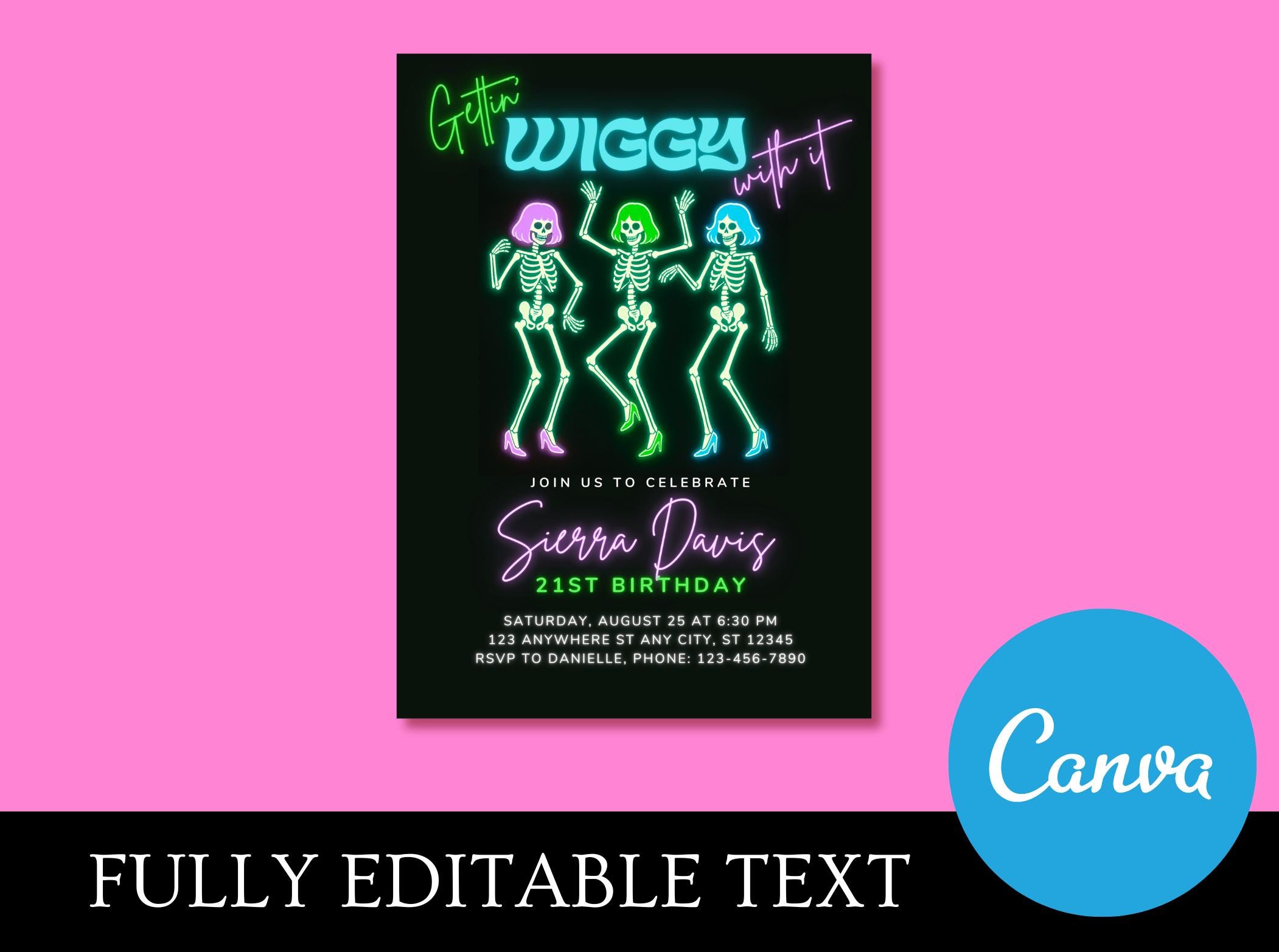 Neon Skeleton Wig Party Invitation: Disco Birthday, Bachelorette (canva ...