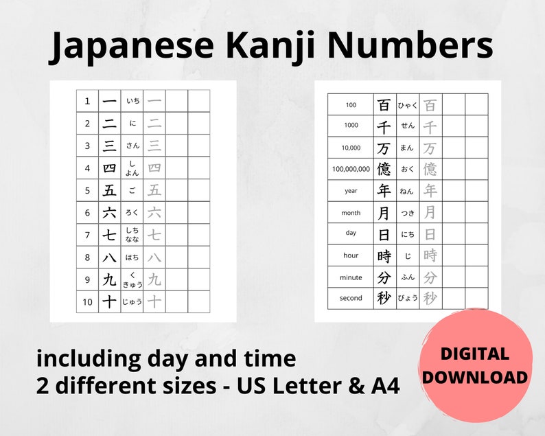 Japanese Kanji Numbers Worksheet (day and Time Included) for Learning ...