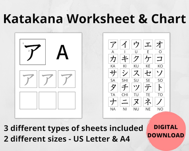 Japanese Katakana Worksheet and Japanese Hiragana Chart for Learning ...