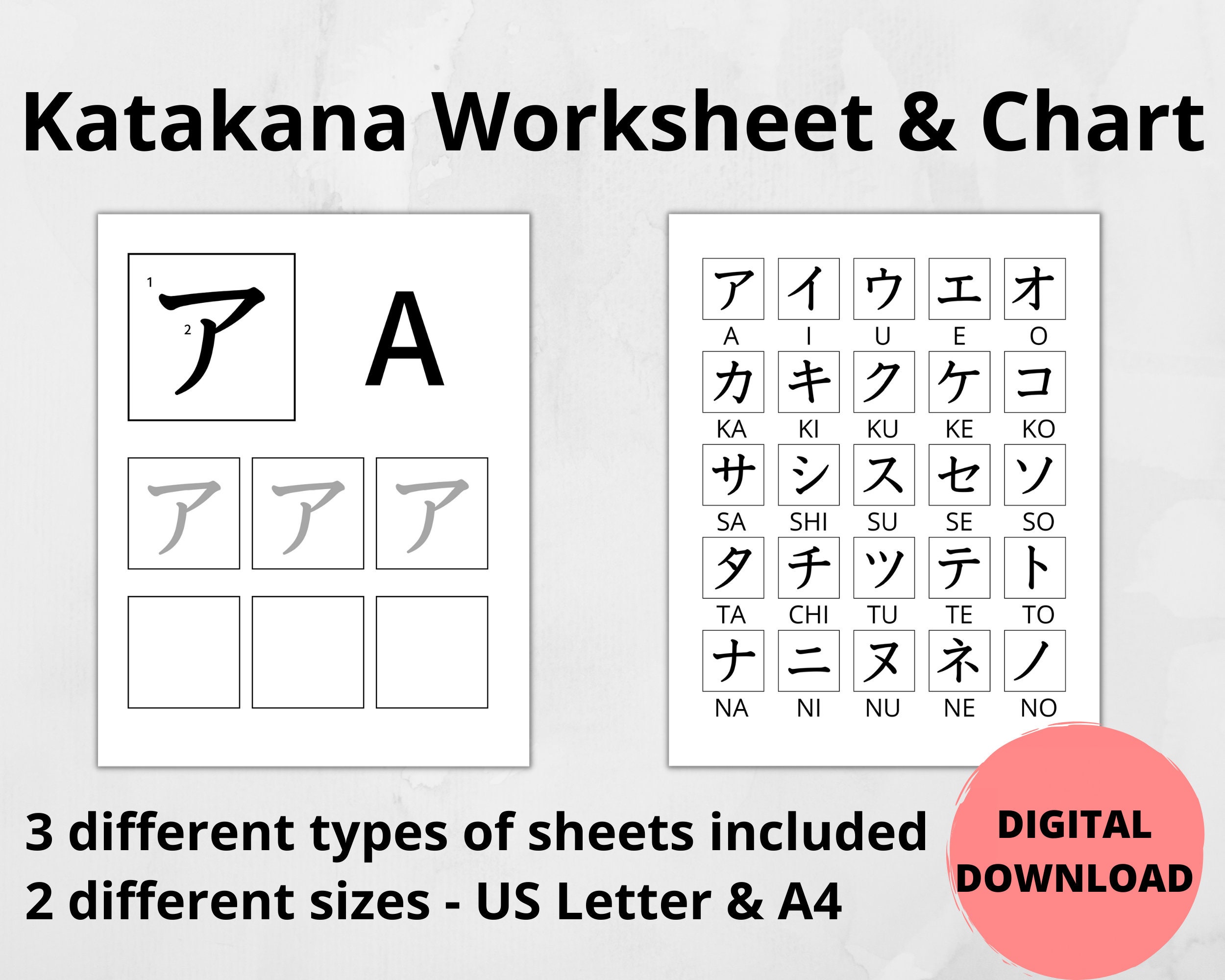 Japanese Katakana Worksheet and Japanese Hiragana Chart for Learning ...
