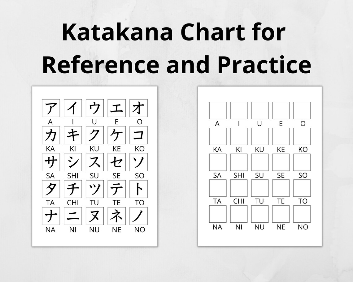 Japanese Katakana Worksheet and Japanese Hiragana Chart for Learning ...