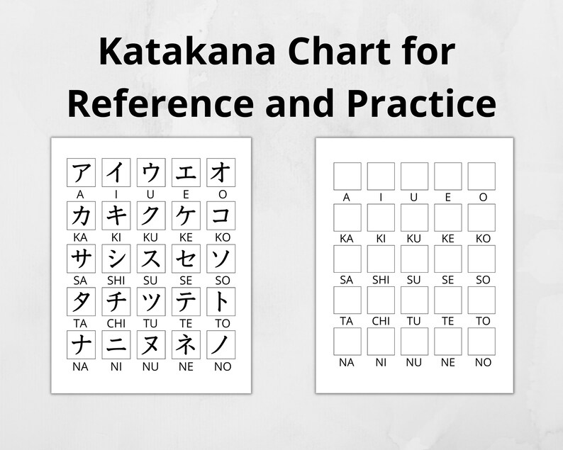 Japanese Katakana Worksheet and Japanese Hiragana Chart for Learning ...