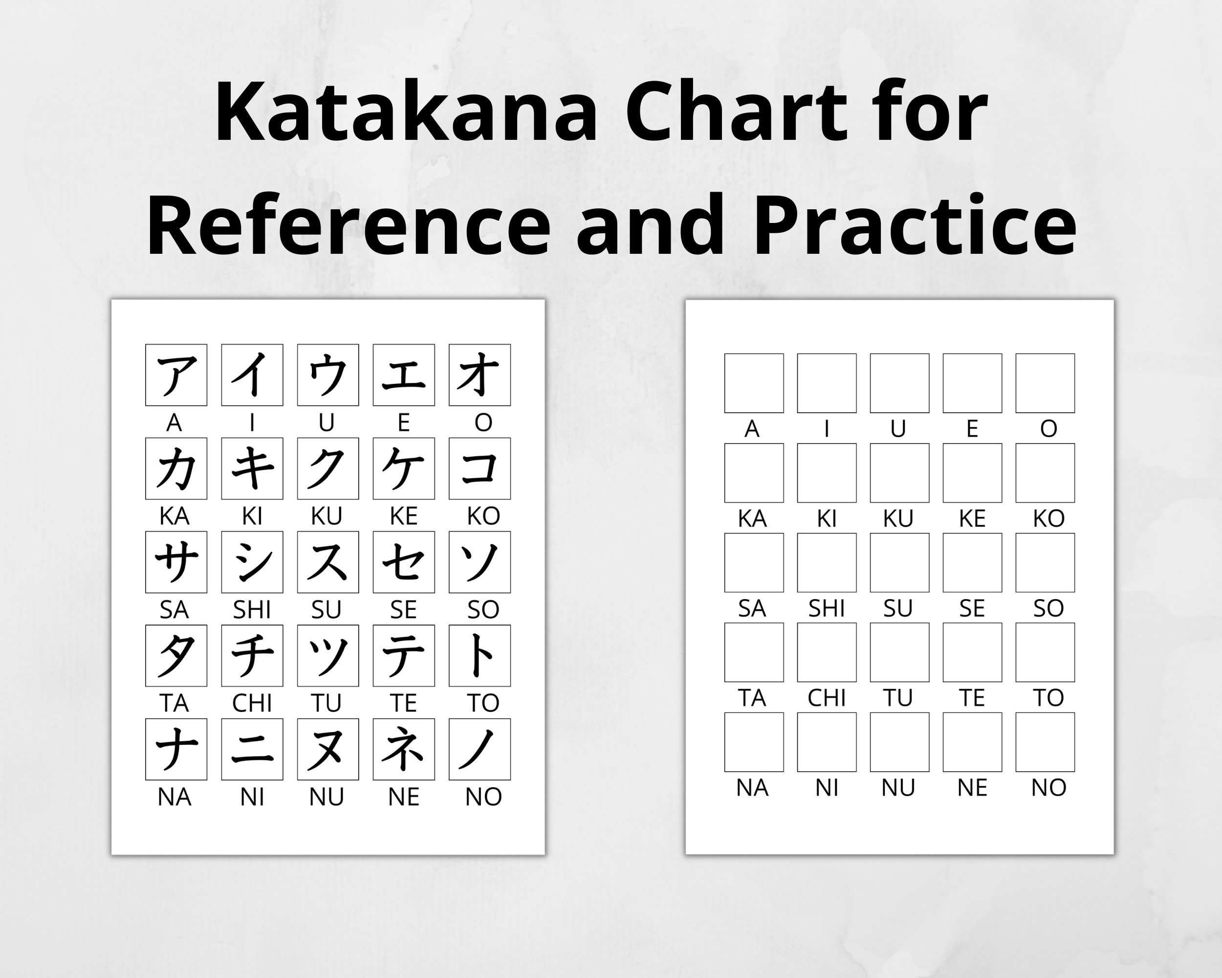Japanese Katakana Worksheet and Japanese Hiragana Chart for Learning ...
