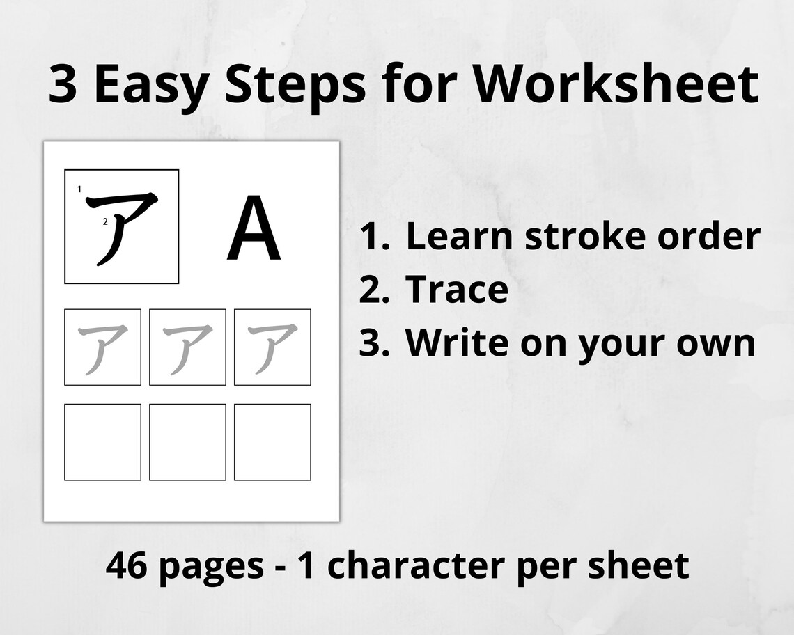 Japanese Katakana Worksheet and Japanese Hiragana Chart for Learning ...