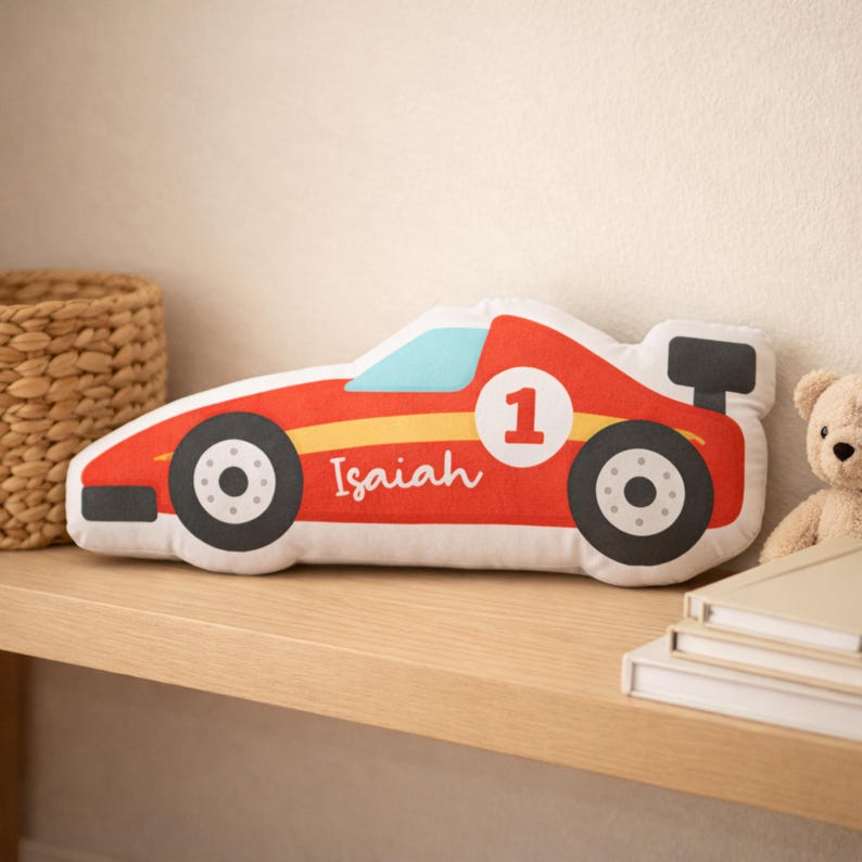 Red Race Car Shape Pillow, Personalized Nursery Decor, Motorsport ...
