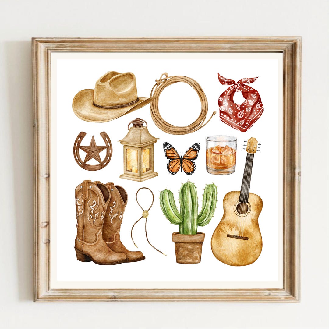 Howdy Cowboy - Luxury Illustrated Square Art Print | Country Western ...