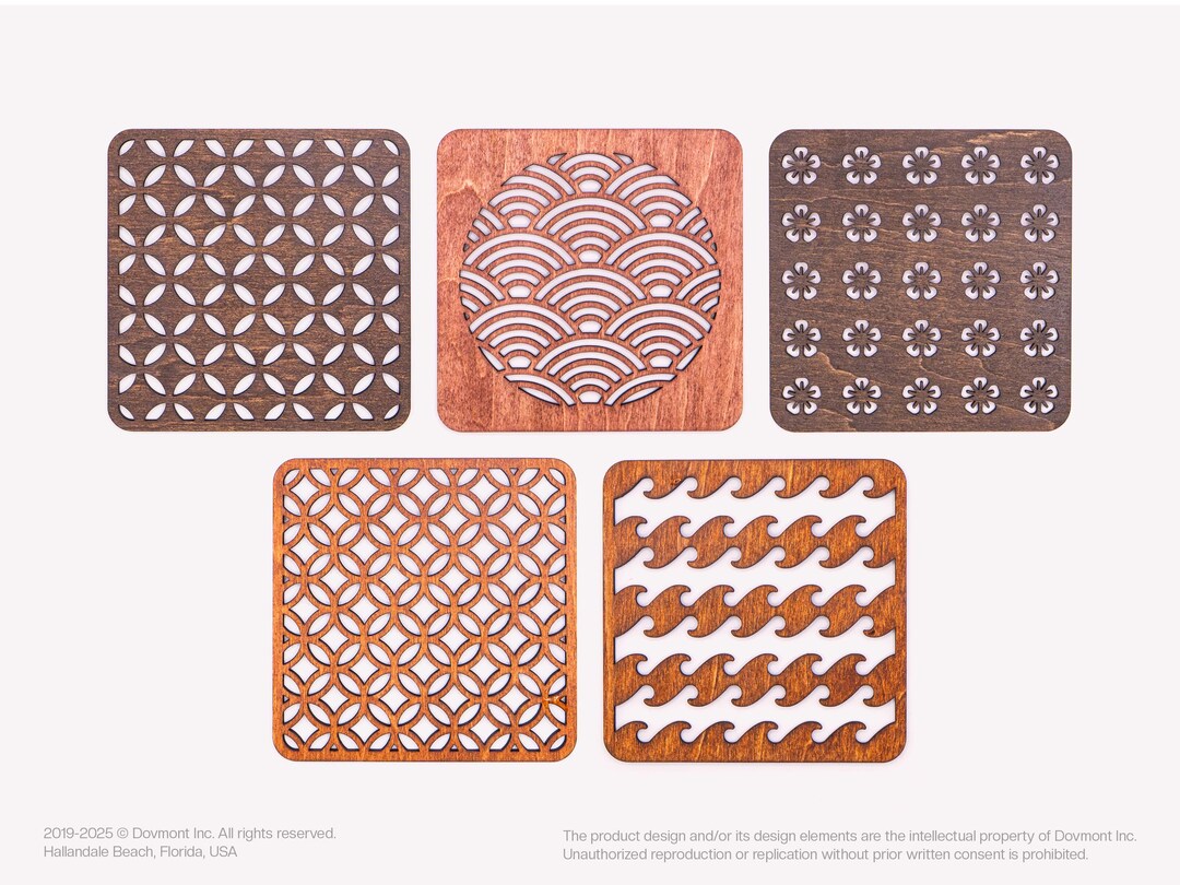 Set of Japanese-inspired Square Custom Wooden Coasters With Traditional ...