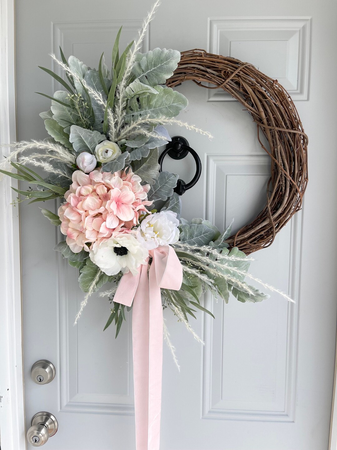 Pink Hydrangea Spring Wreath, Pink White Crescent Wreath With ...