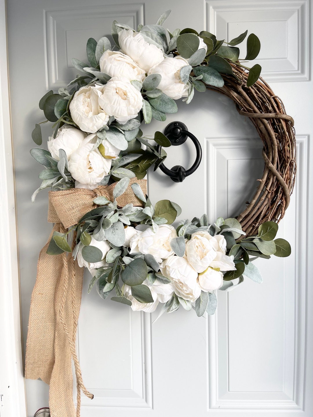 White Peony Spring Wreath, Peony and Lambs Ear Wreath, Peony Wreath ...