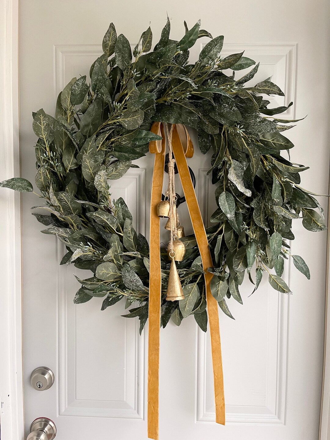 Gold Jingle Bell Christmas Wreath, Snowy Eucalyptus Winter Wreath ...